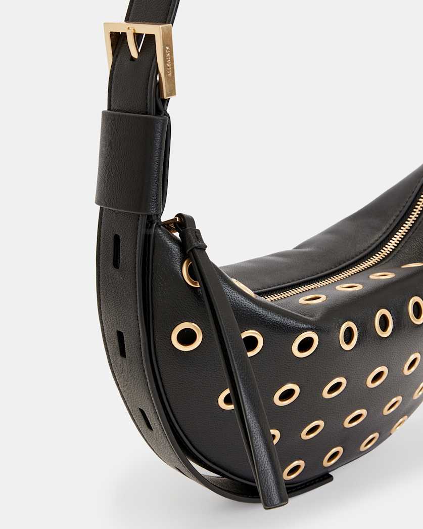 Half Moon Leather Eyelet Crossbody Bag Black | ALLSAINTS US